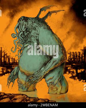 Horror art illustrating, Cthulhu, a fictional cosmic entity created by ...