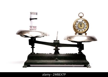 A beam scale compares the weight of money with the weight of time ...