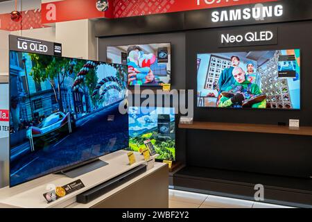 New Samsung OLED TV display inside electronics store. Minsk, Belarus ...
