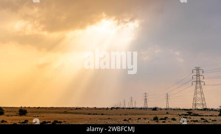 Qatar landscape Electricity transmission towers. Energy infrastructure ...