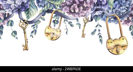 Golden keys and locks suspended on a dark blue ribbon. Hand drawn ...