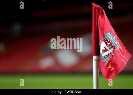 General view of the Liverpool FC corner flag. Premier League match ...