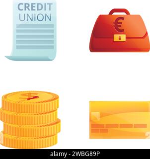 Credit union icons set cartoon vector. Credit union paper, credit card ...
