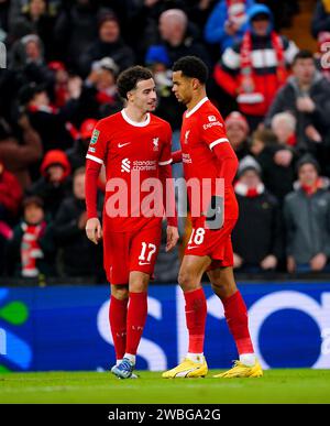 Liverpool's Curtis Jones, right, and Cody Gakpo lost a penalty shootout ...