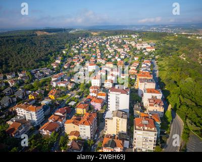 Kumkoy historic town center aerial view including Kilyos Merkez Camii ...