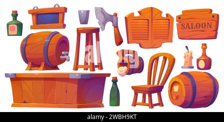 Wild west pub interior with furniture and decor. Vector cartoon ...