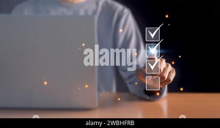 Businessman making correct marks, marks for checklist, document quality ...