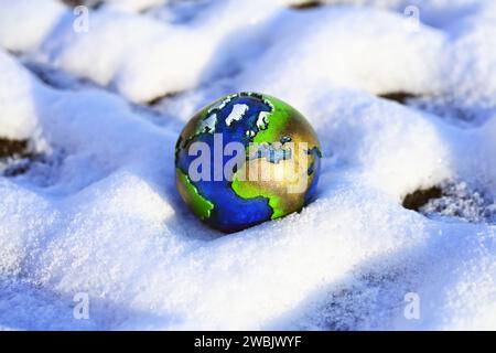 Earth's Sphere In Snow, Symbol Photo Cold Wave And Extreme Weather ...