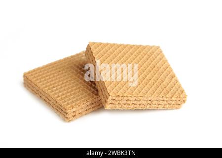 Square chocolate wafer biscuits isolated on white background. Top view ...