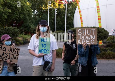 Seattle, USA. 15 Aug, 2023. A small APEC protest at the Seattle Center ...