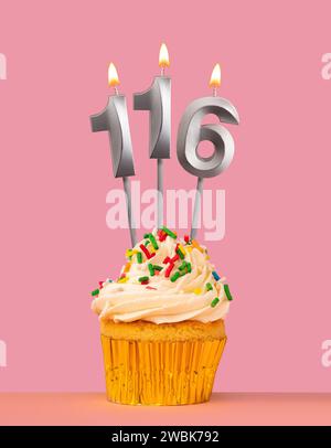 Birthday card with candle number 116 - purple background Stock Photo ...