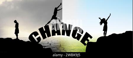 Change from one cliff to another with the word CHANGE Stock Photo - Alamy