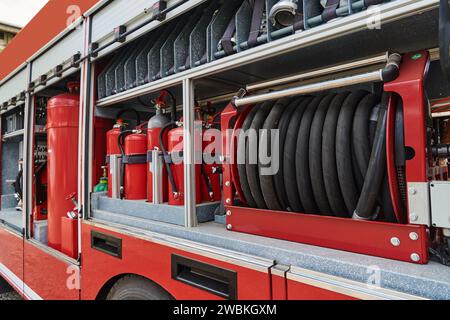 Close-up of essential firefighting equipment on a modern firetruck ...