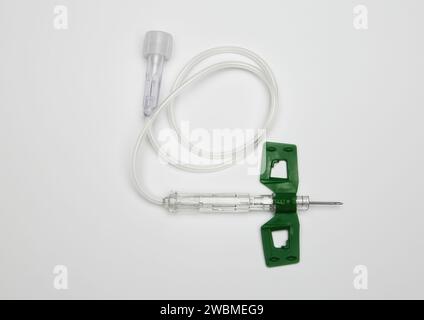 Closeup of one isolated safety IV catheter cannula needle with ...