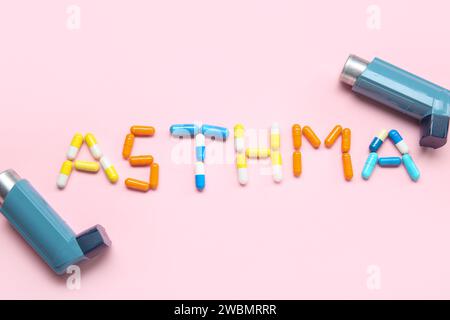 Word ASTHMA made of pills and inhalers on pink background Stock Photo ...