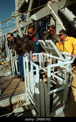 STS-98 Pilot Mark Polansky grins on his arrival at the Shuttle Landing ...