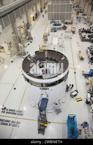 The spacecraft adapter jettison fairing panels are secured onto Orion’s ...