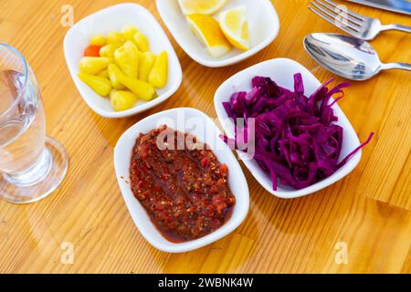 Turkish cold starters meze served in eatery Stock Photo - Alamy