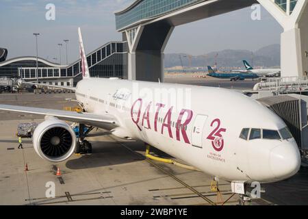 side view of Qatar aircraft painted with QATAR logo celebrating 25 ...