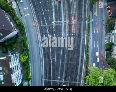 Aerial view of the tracks leading into the Bern Train Station in ...