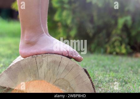 Child feet on wood log, barefoot little girl on tree trunk, countryside ...