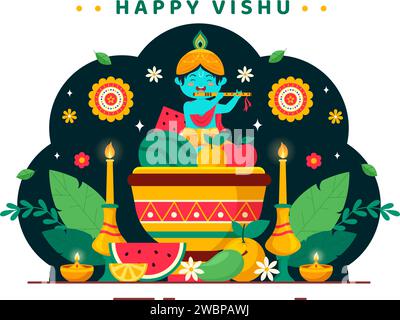 Illustration of Happy Vishu. worship of krishna. cassia fistula flower ...