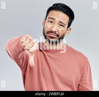 Asian man, portrait and bad review with thumbs down for business ...