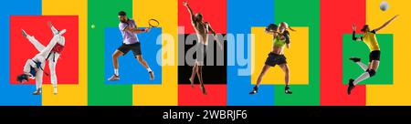 Dynamic images of athletes of different sport in motion, training on ...