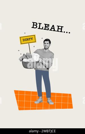 Vertical banner collage of man wash cloth isolated on drawing blue ...