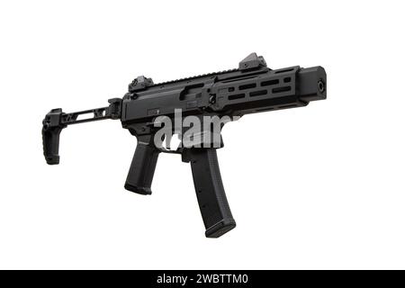 A modern black PCC (Pistol Caliber Carbine) with a suppressor, tactical ...