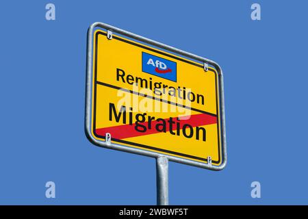Ortsschild mit AfD-Logo und Remigration Ortsschild mit AfD-Logo und ...