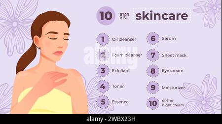 Ten step skincare routine for beautiful skin with cosmetic products ...