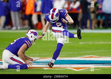 Buffalo Bills kicker Tyler Bass (2) kicks off against the Denver ...