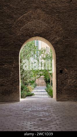 Inside the view of entrance gate Toghrol Tower, black and white photo ...
