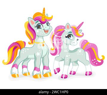 Cartoon cute two unicorn friends in a blooming meadow. Coloring book ...