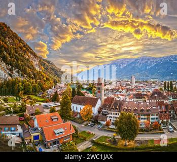 Autumn view of the Lake Thun from St. Beatus Caves entrance in ...