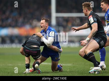 Exeter Chiefs' Tom Wyatt (centre) is tackled during the Gallagher ...