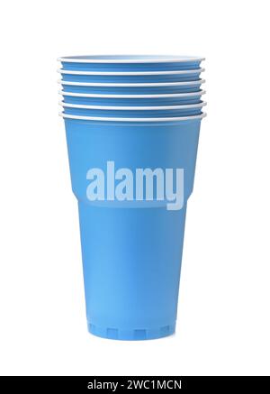 Set of colorful plastic cups isolated on white background, concept of ...