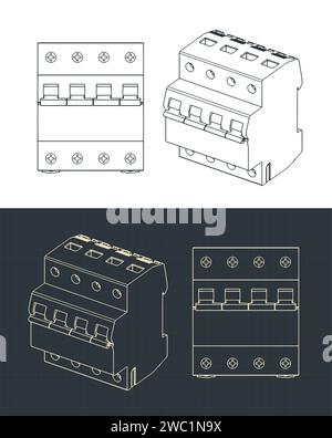 Stylized vector illustration of blueprints of circuit breakers set ...