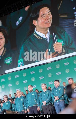 Taiwan President Lai Ching-te (R) answers questions from accompanying ...