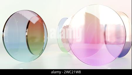 Colorful translucent glass blocks on light background, round lenses. 3d ...