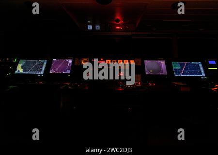 Navigational bridge on big cargo ship. Wheelhouse on vessel. ECDIS ...