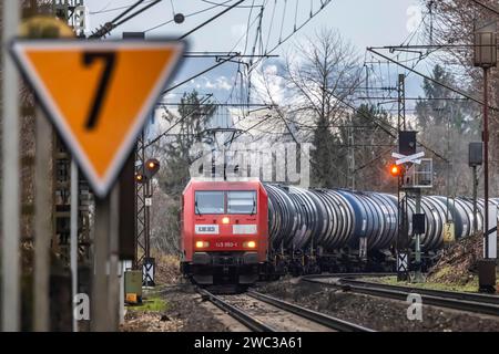 Railway line with goods train RBH Logistics, class BR145 locomotive, Stuttgart, Baden ...