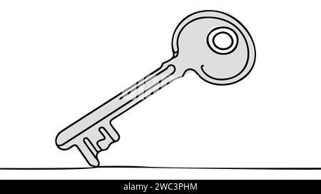 Single old key drawing in style of one continuous line black color ...