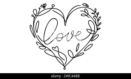 One line drawing. Handwritten word love with doodle heart shape ...
