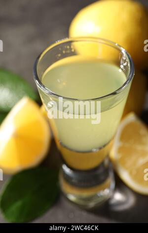 Tasty limoncello liqueur, lemons and green leaves on light textured ...