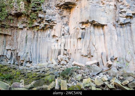 vertical lava columns, old lava flow, basalt column, hexagonal shape ...
