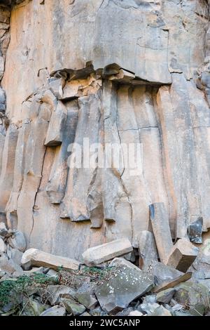vertical lava columns, old lava flow, basalt column, hexagonal shape ...