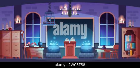 Magic school. Magician classroom interior with potion, spell book or ...