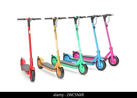 Row with five electric scooters with different colors on white ...